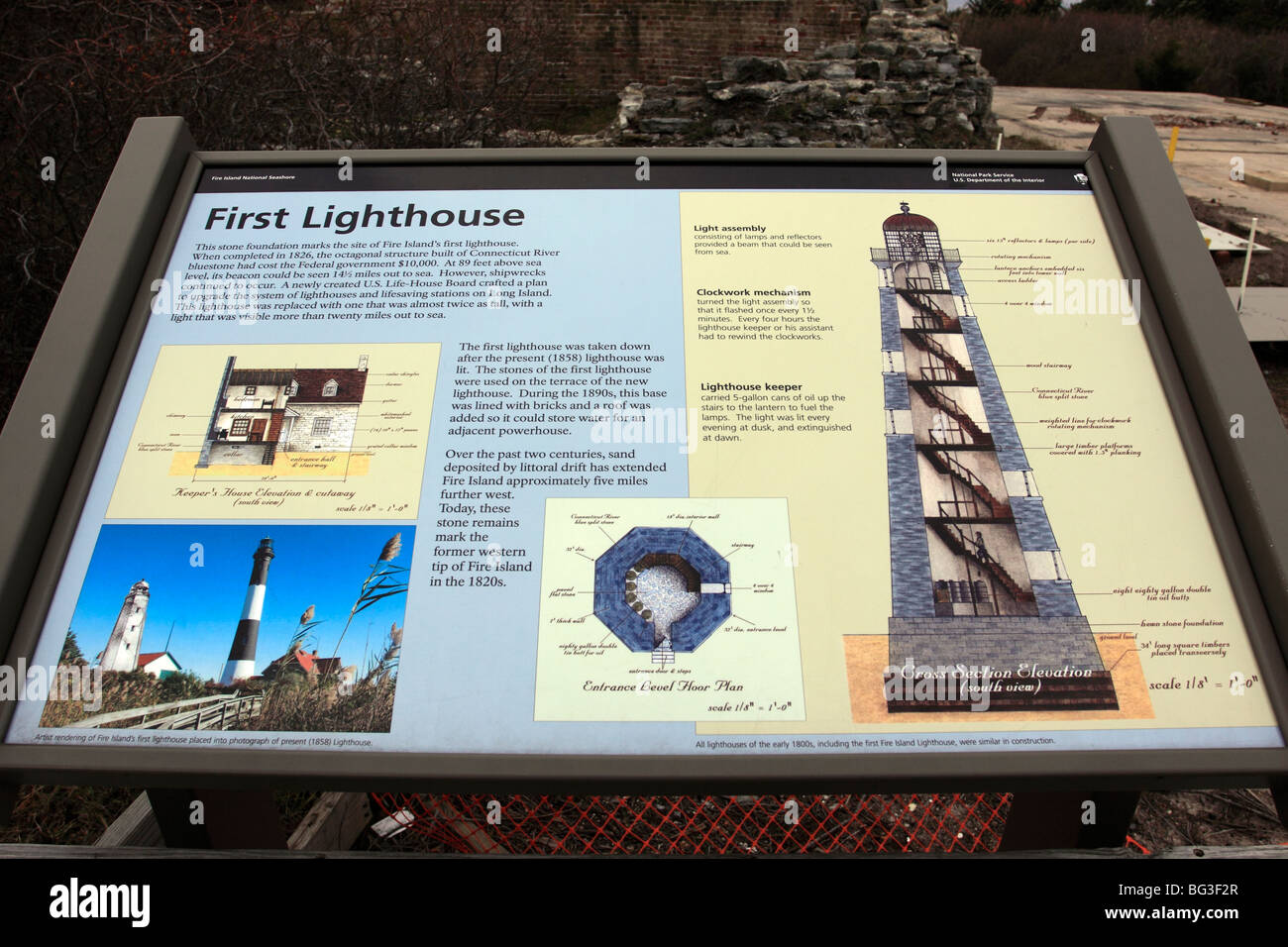 Visitor information sign showing the first Fire Island Lighthouse, in ...