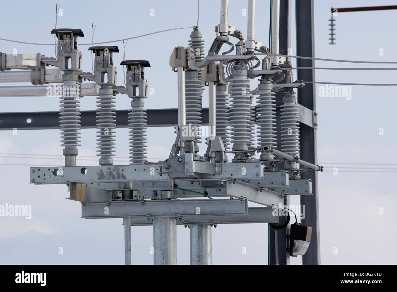 Details in high energy electrical transmission wires Stock Photo - Alamy