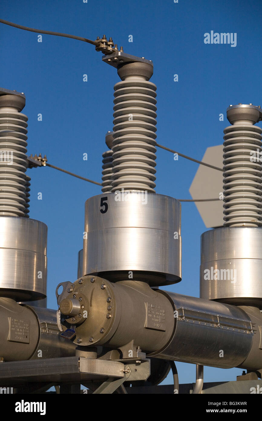 Details in high energy electrical transmission wires Stock Photo - Alamy