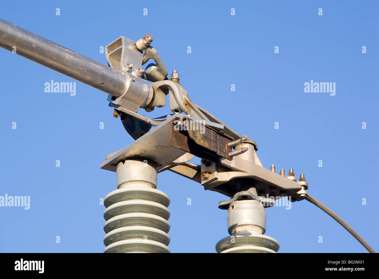 Details in high energy electrical transmission wires Stock Photo - Alamy