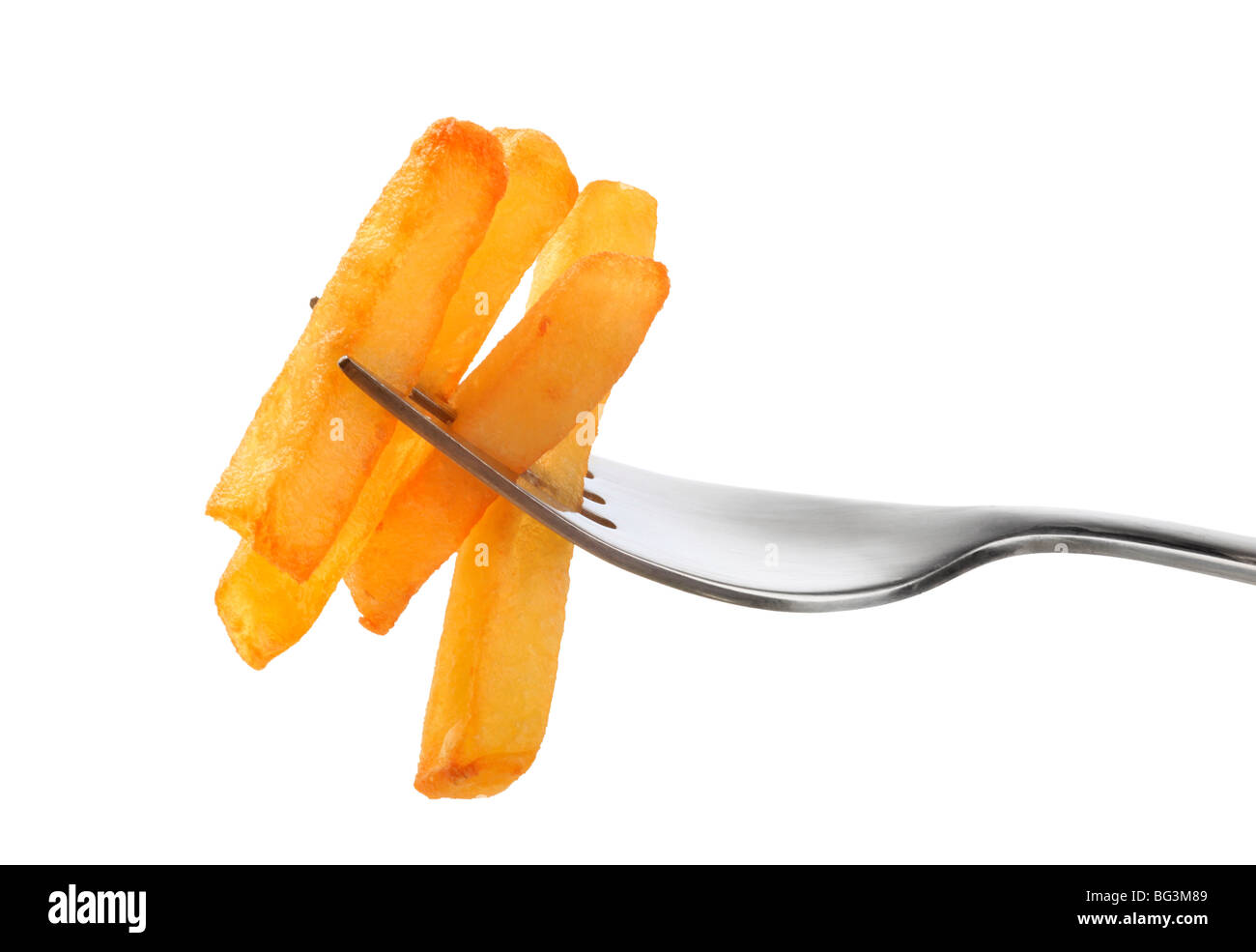 French fries on a fork isolated on white Stock Photo - Alamy