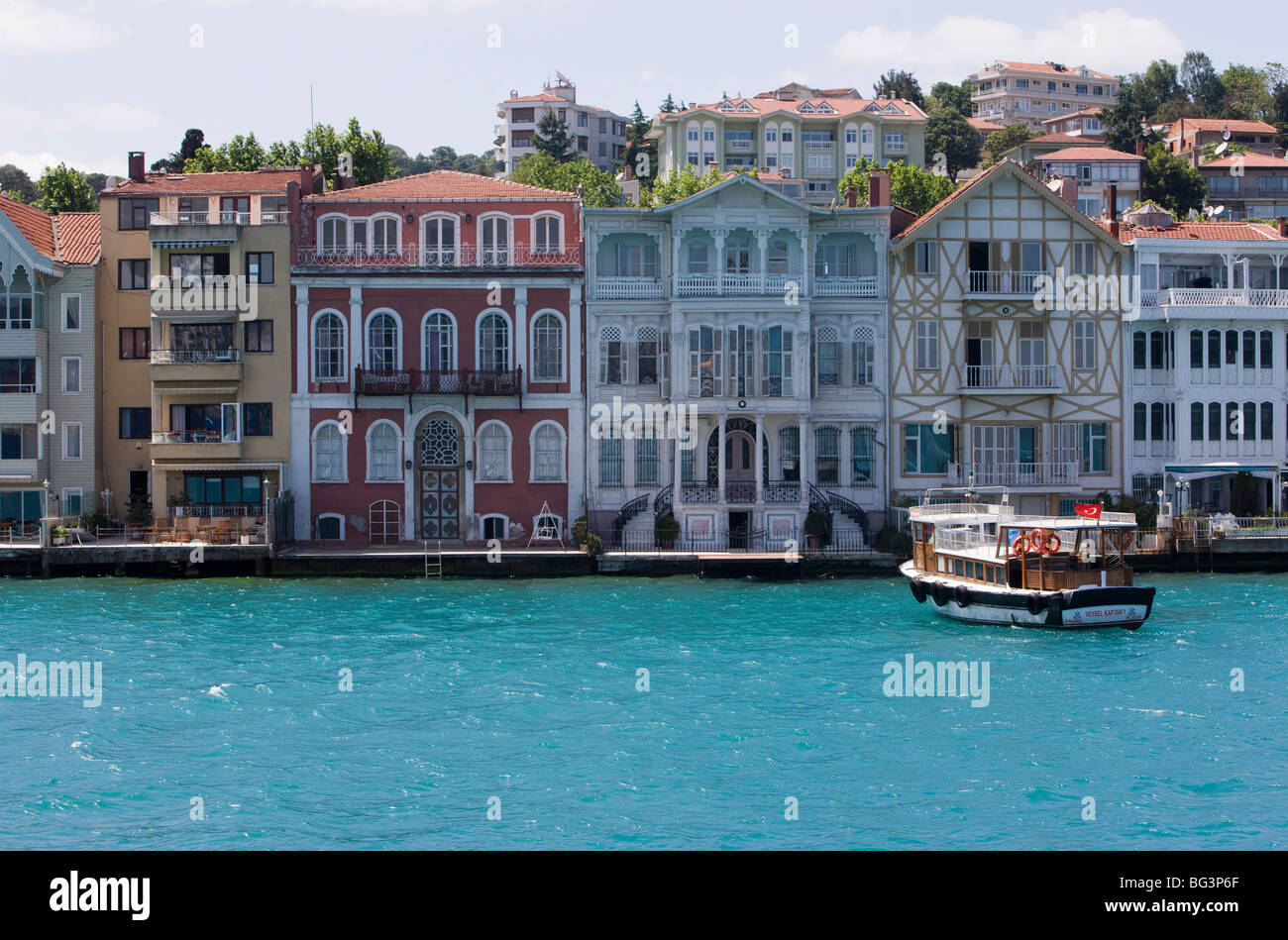 The restored waterfront buildings of Yenikoy on the Bosphorus, Istanbul ...