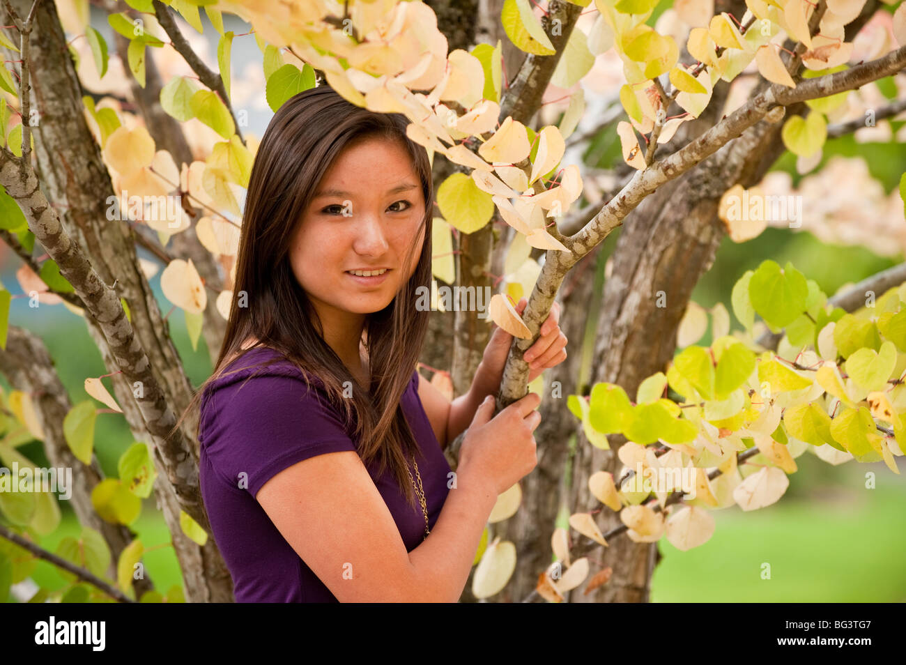 A teenage girl by a tree with golden foliage Stock Photo - Alamy