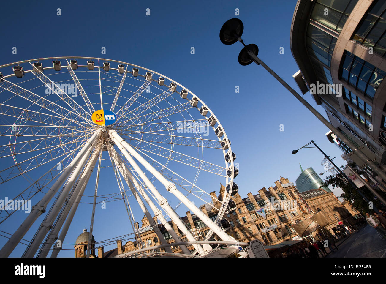 UK, England, Manchester, Cathedral Street, Manchester Wheel towering ...