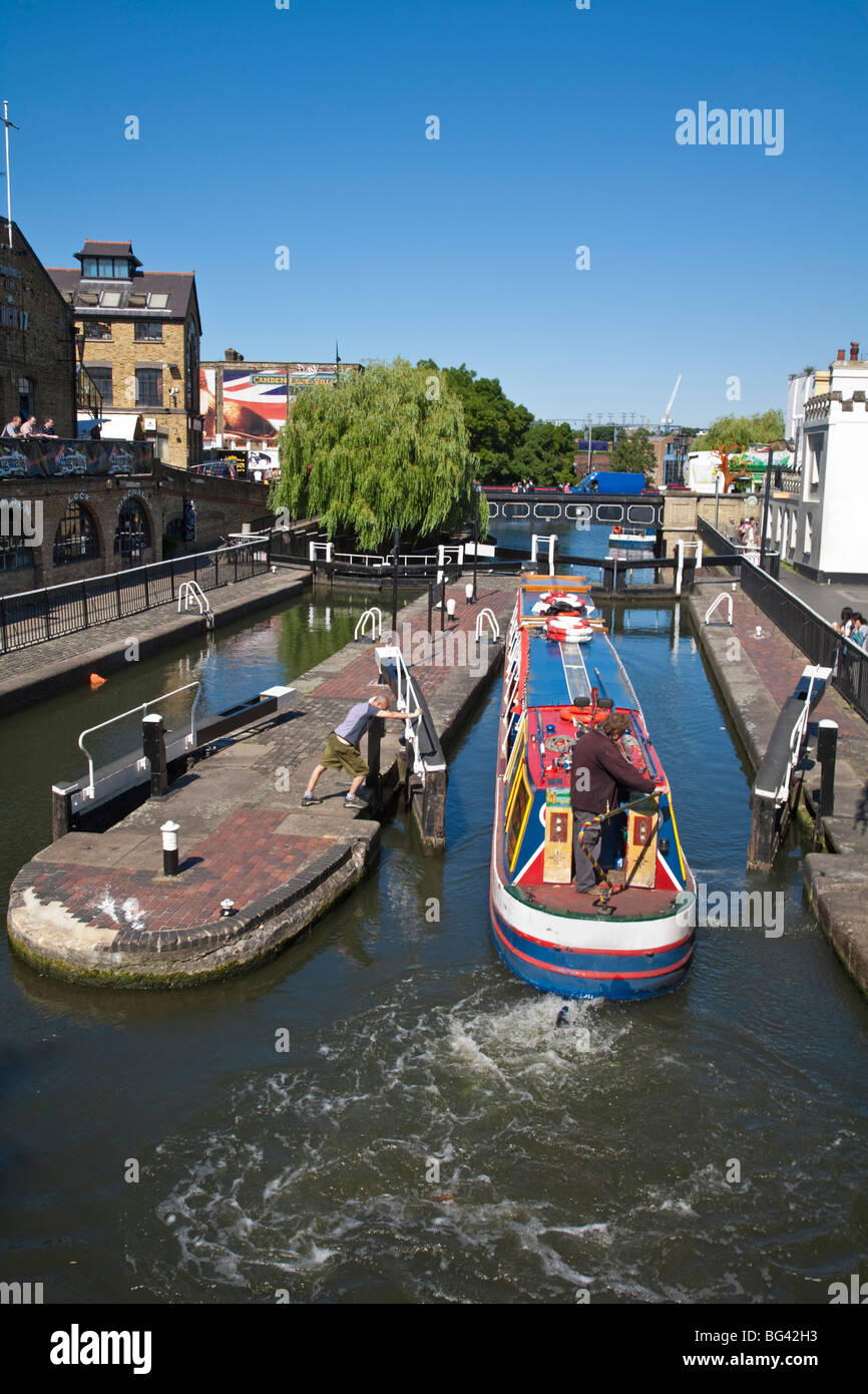England, London, Camden Lock, Narrow boat going though Hampstead Road ...