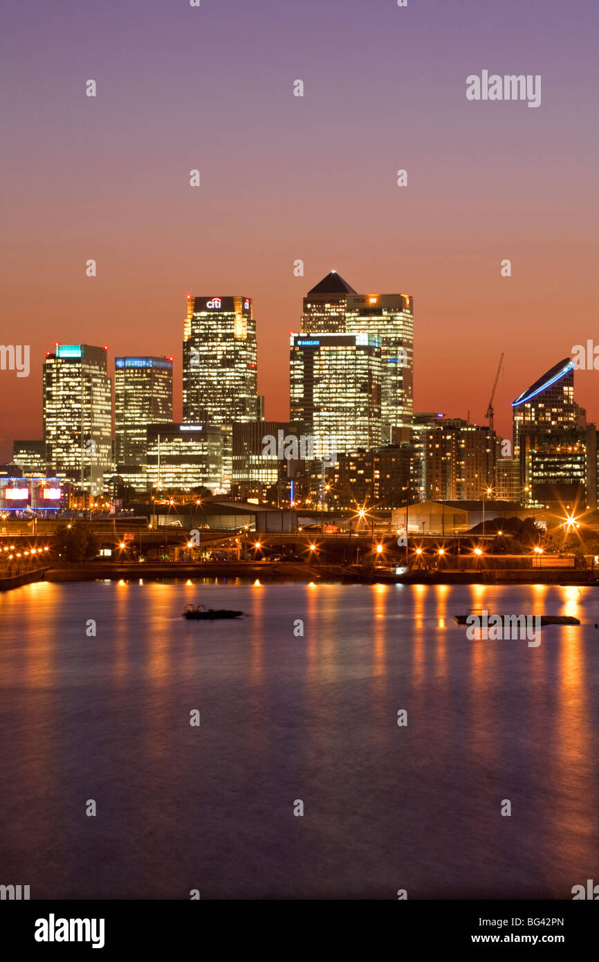 England, London, Newham, Royal Victoria Docks, Canary Wharf buildings ...