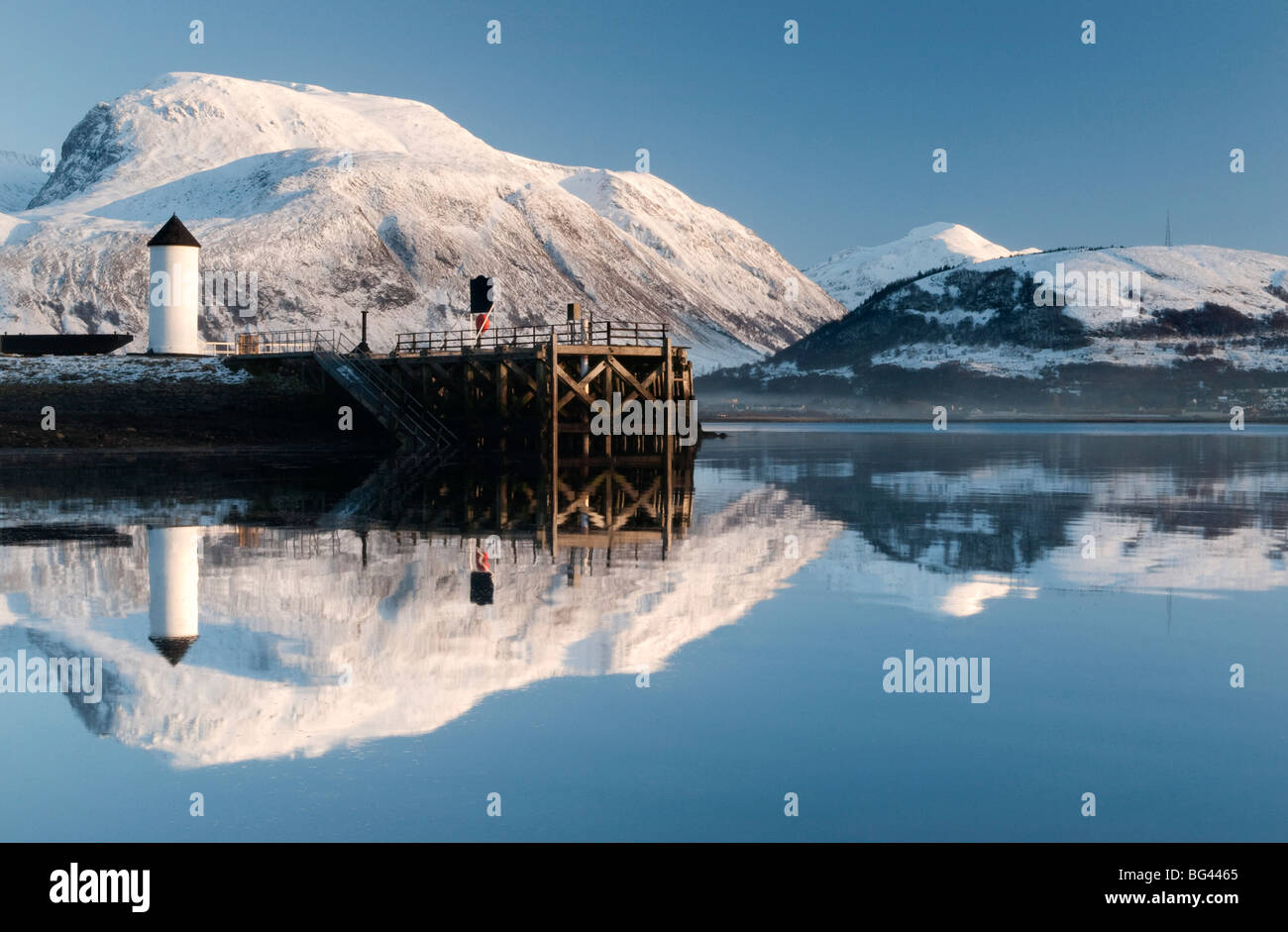 Corpach Lighthouse on Loch Eil with Ben Nevis and Fort William in the ...
