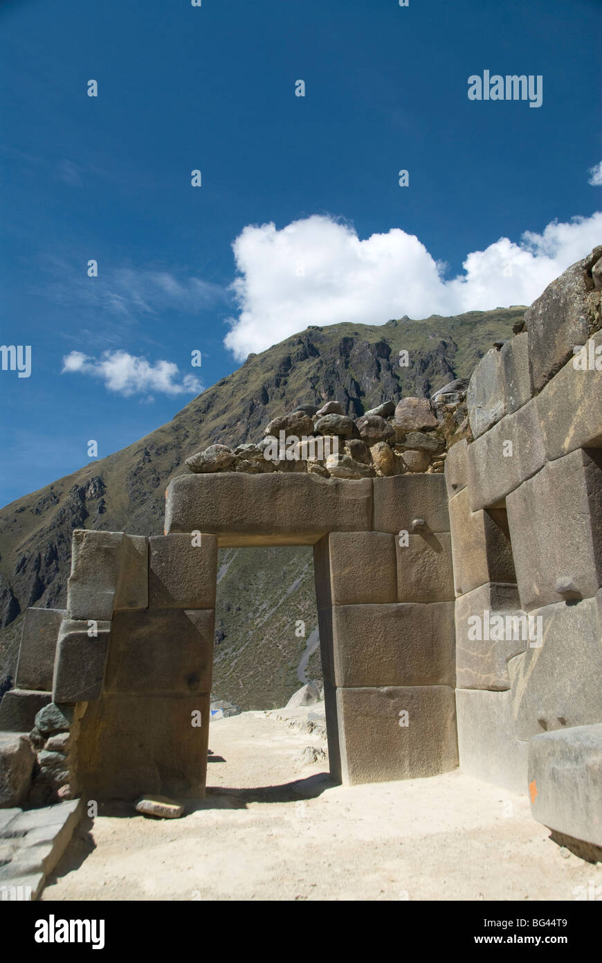 Traditional stone entrance doorway at the Inca ruins of Ollantaytambo ...