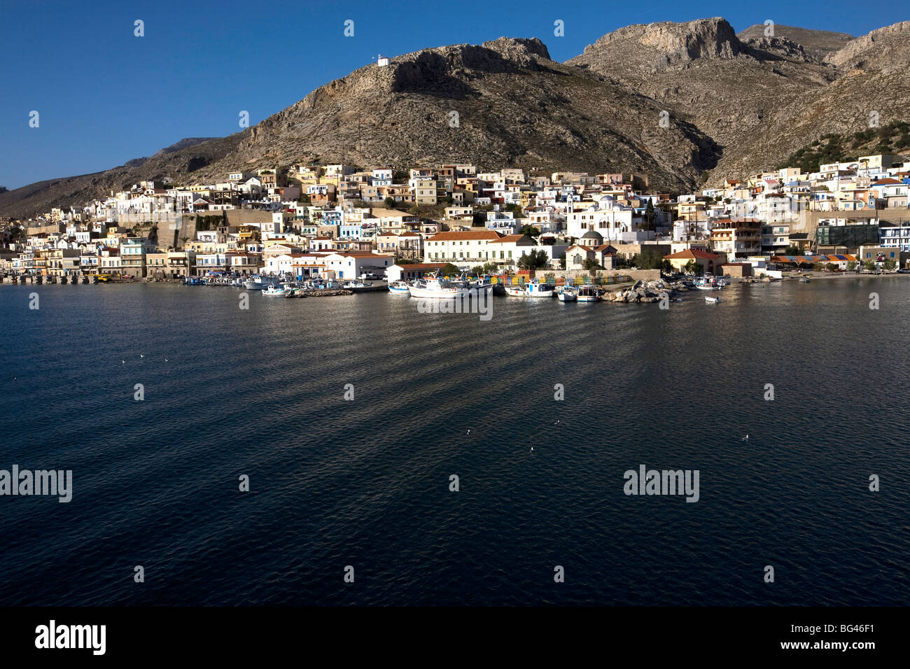 The town of Pothia see from the sea, on the Greek Island of Kalymnos ...
