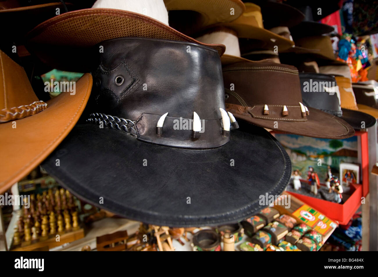 Nicaragua, Masaya, Mercado, Leather Hats, Alligator Teeth Stock Photo ...