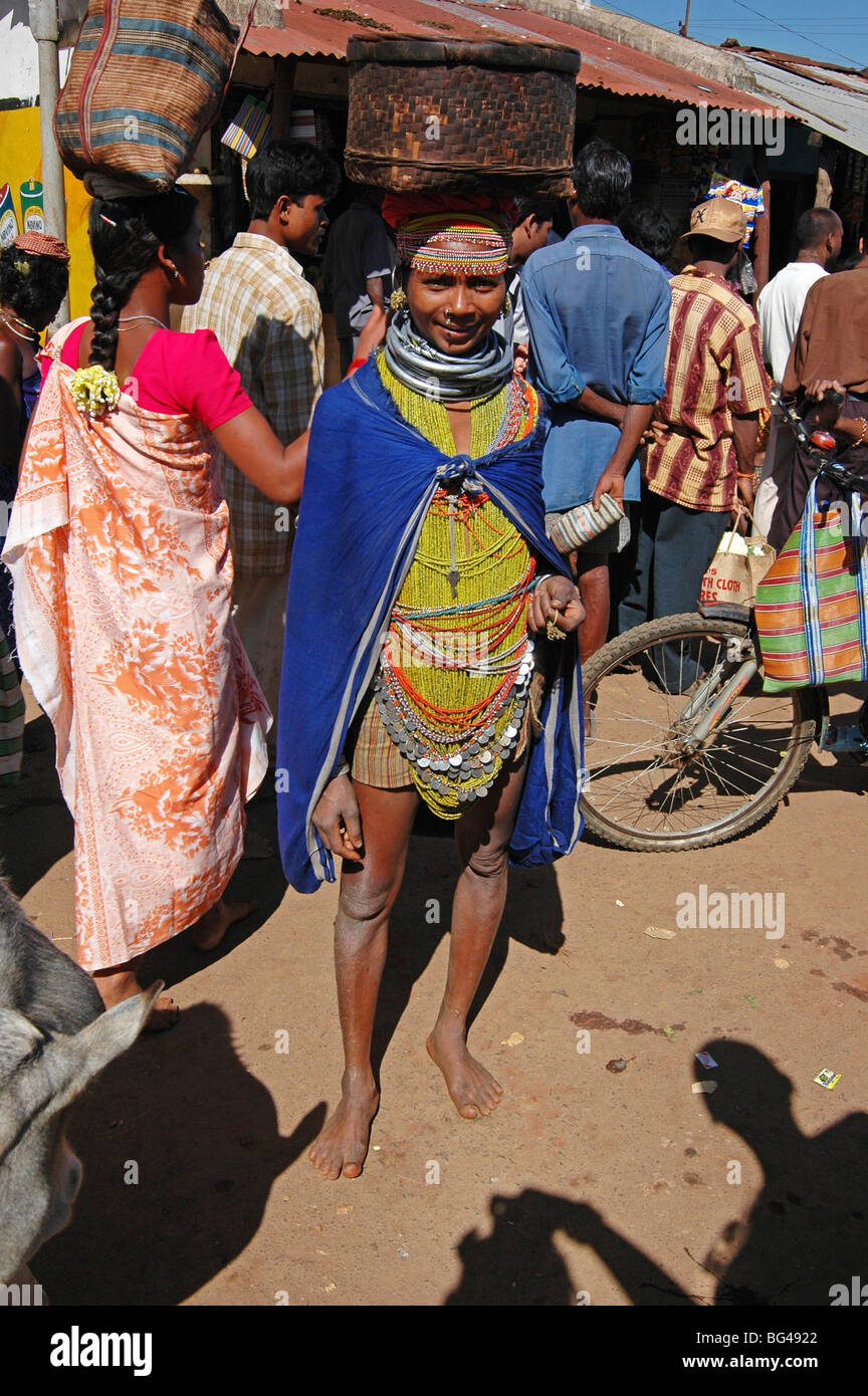 Bonda tribeswoman in traditional dress with beads and necklaces ...