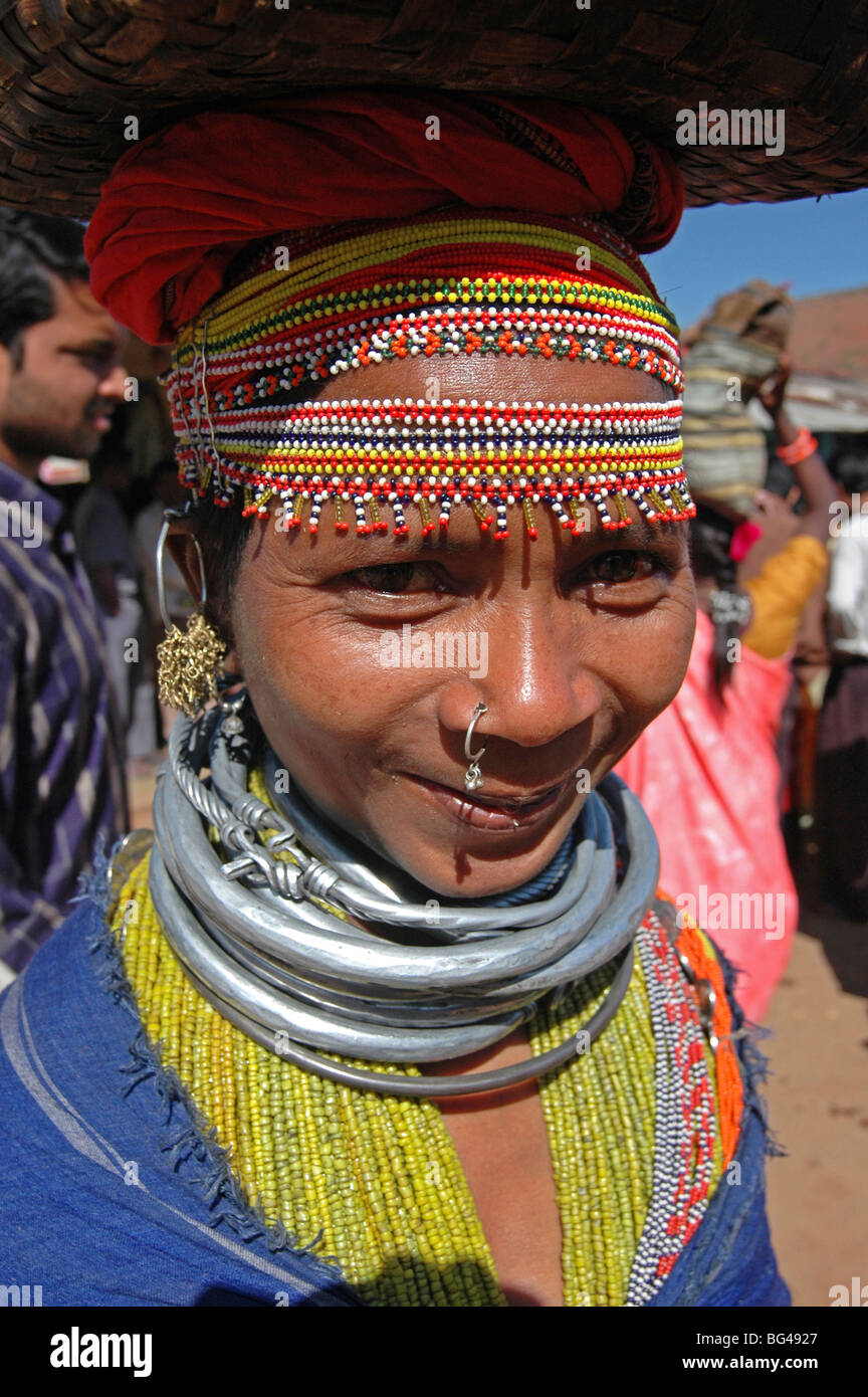 Bonda tribeswoman in traditional dress with beads and necklaces ...
