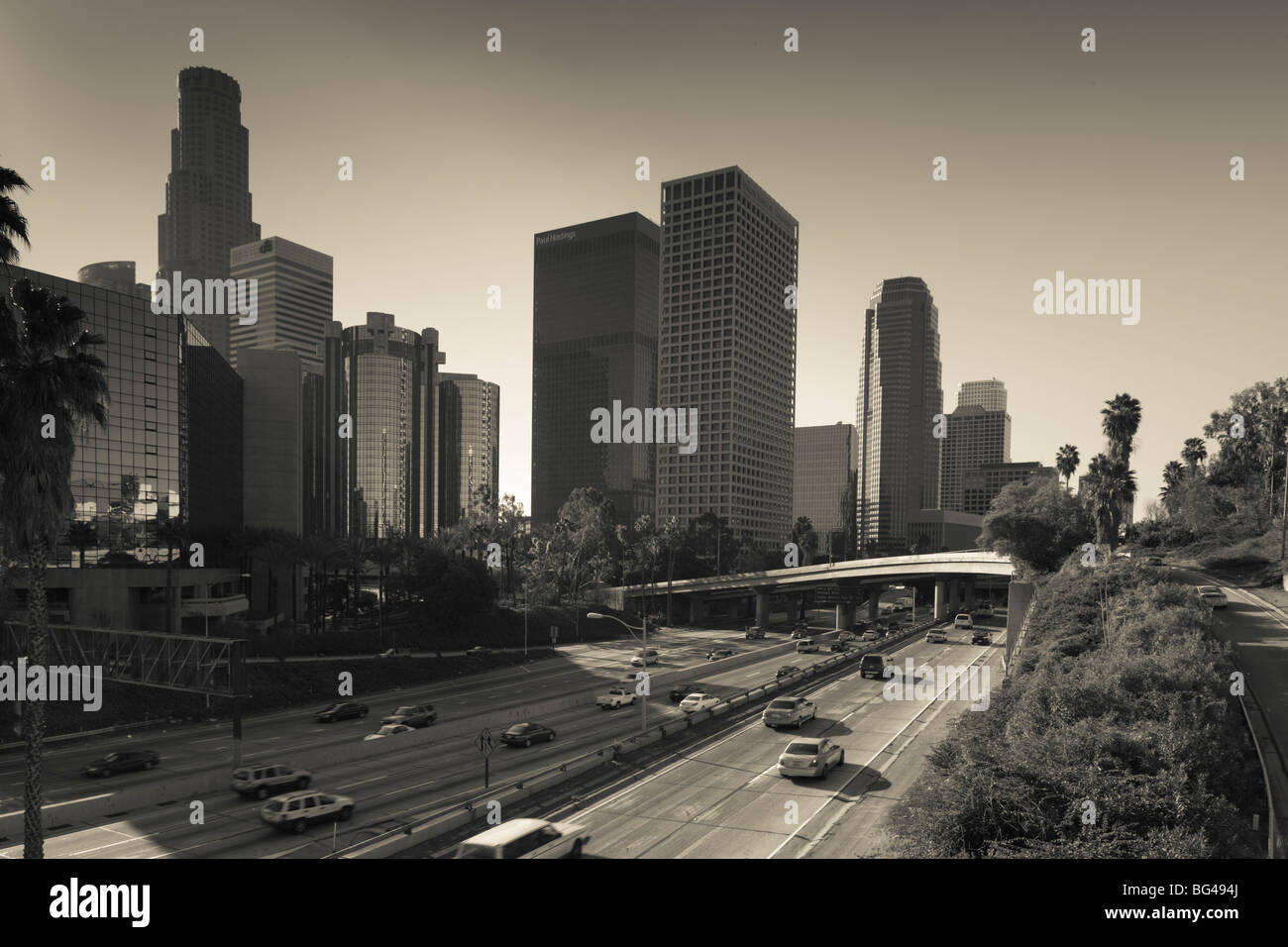 USA, California, Los Angeles, downtown and Rt. 110 Harbor Freeway Stock ...