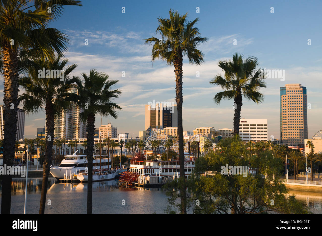 USA, California, Long Beach, Shoreline Village, marina and city view ...