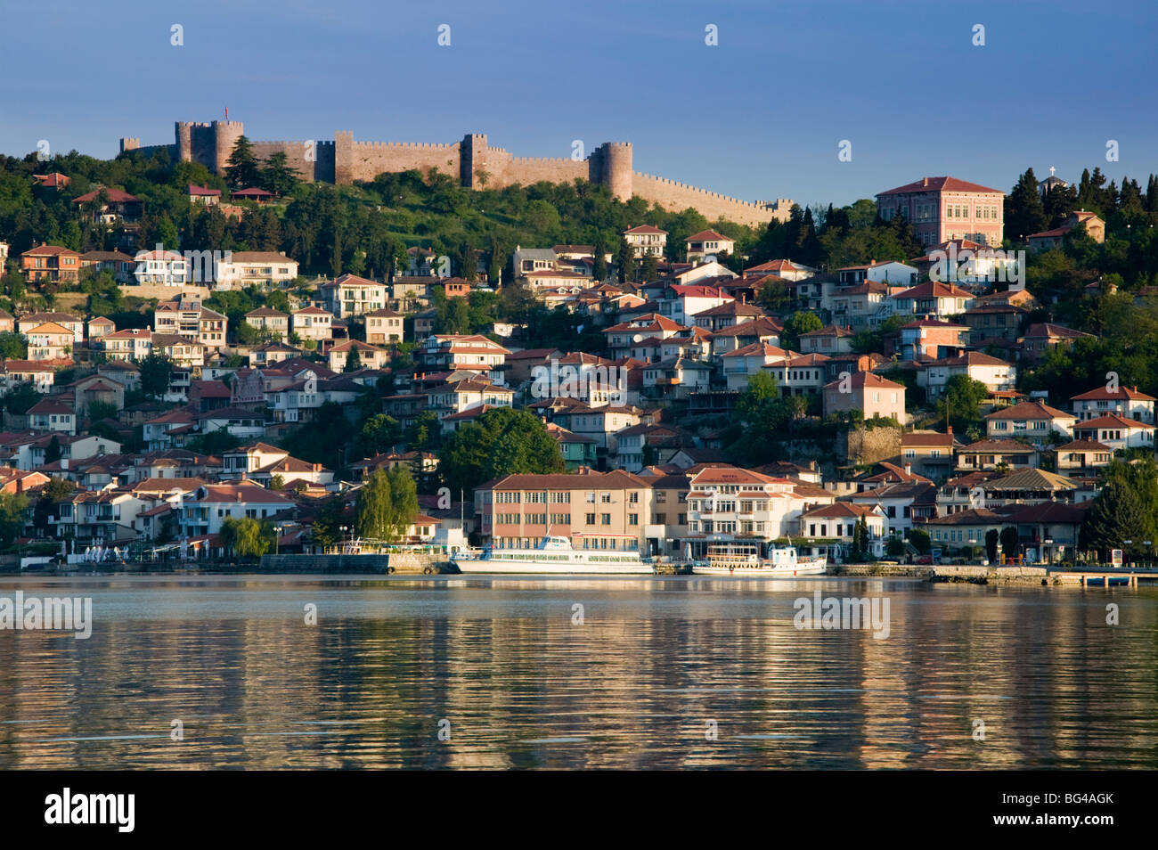 Macedonia, Ohrid, Morning View of Old Town and Car Samoil's Castle ...