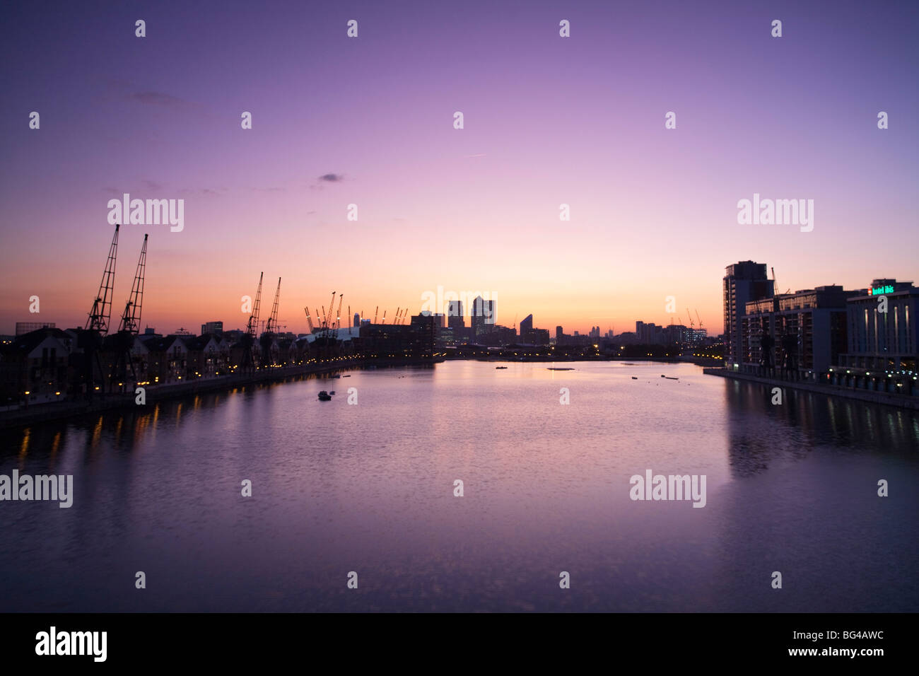 England, London, Royal Victoria Docks, Looking towards O2 Arena, Canary ...