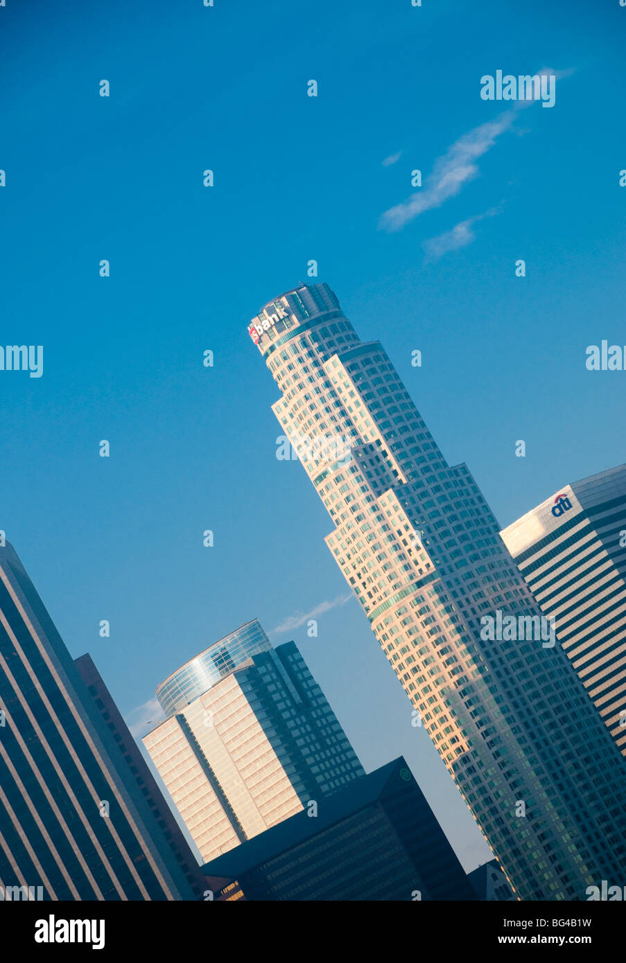 USA, California, Los Angeles, Downtown Skyline and US BAnk Tower ...