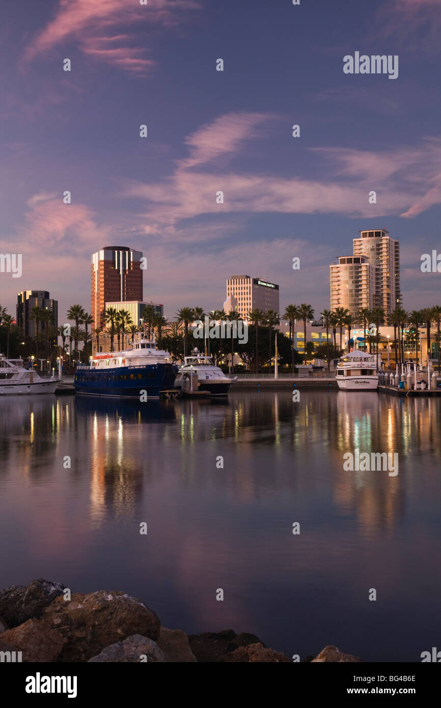 USA, California, Long Beach, Shoreline Village, marina and city view ...
