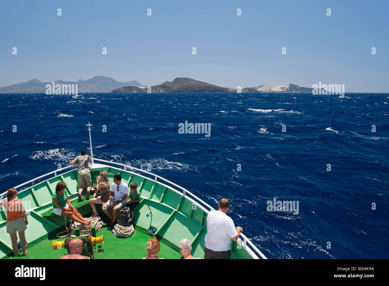 View of the bow of a Greek ferry island hopping in the Aegean sea with ...