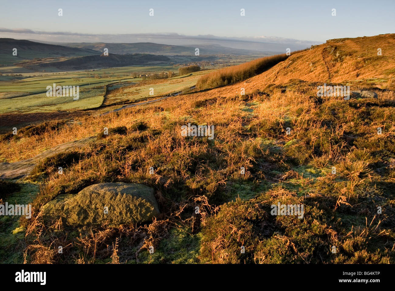Morning sunshine on Embsay Moor, North Yorkshire, with a view in the ...