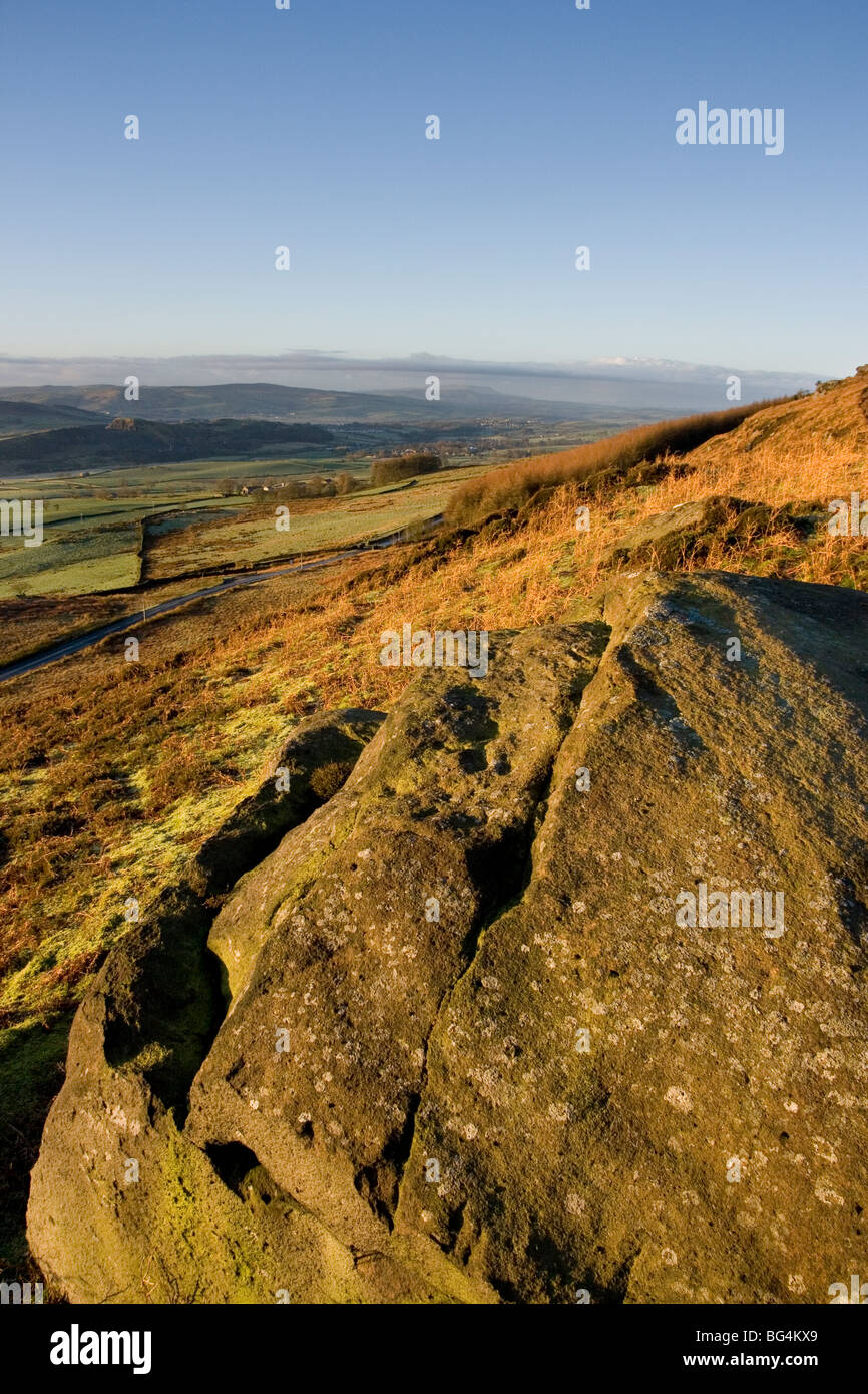 Morning sunshine on Embsay Moor, North Yorkshire, with a view in the ...