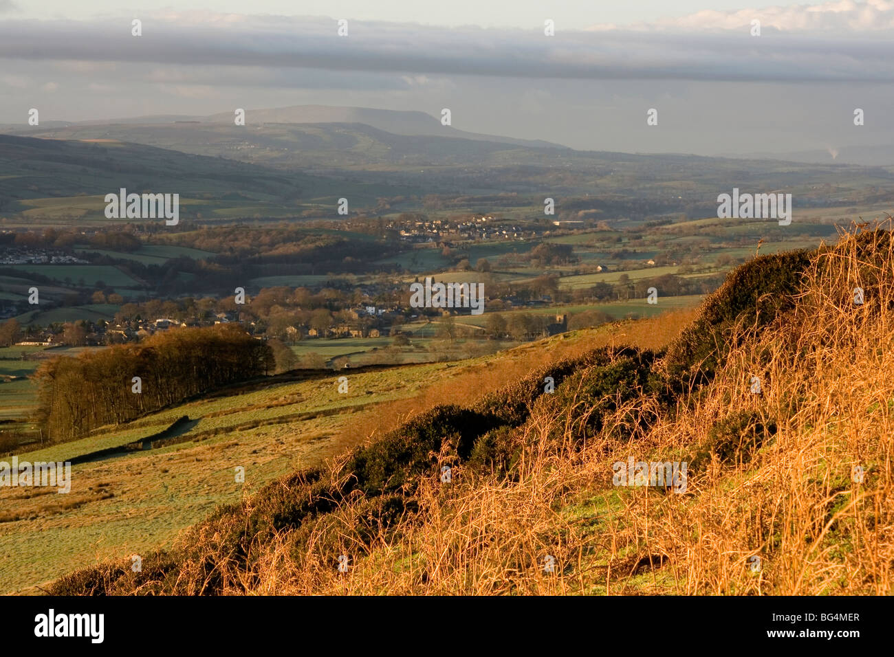 Morning sunshine on Embsay Moor, North Yorkshire, with a view in the ...