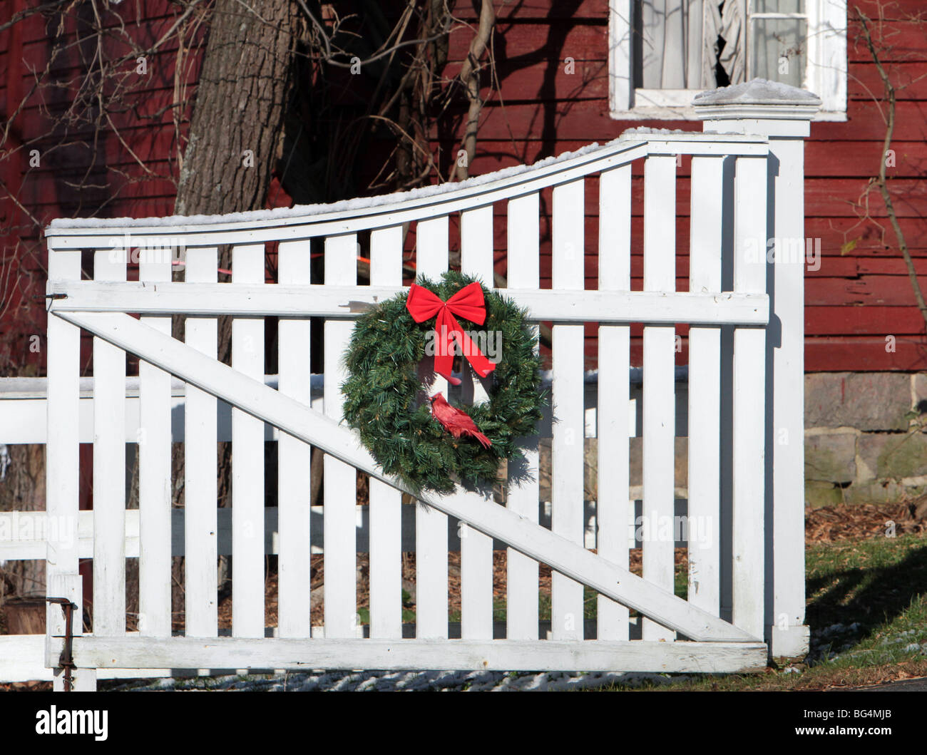 A Christmas wreath with a red bow and a red cardinal on a large white ...