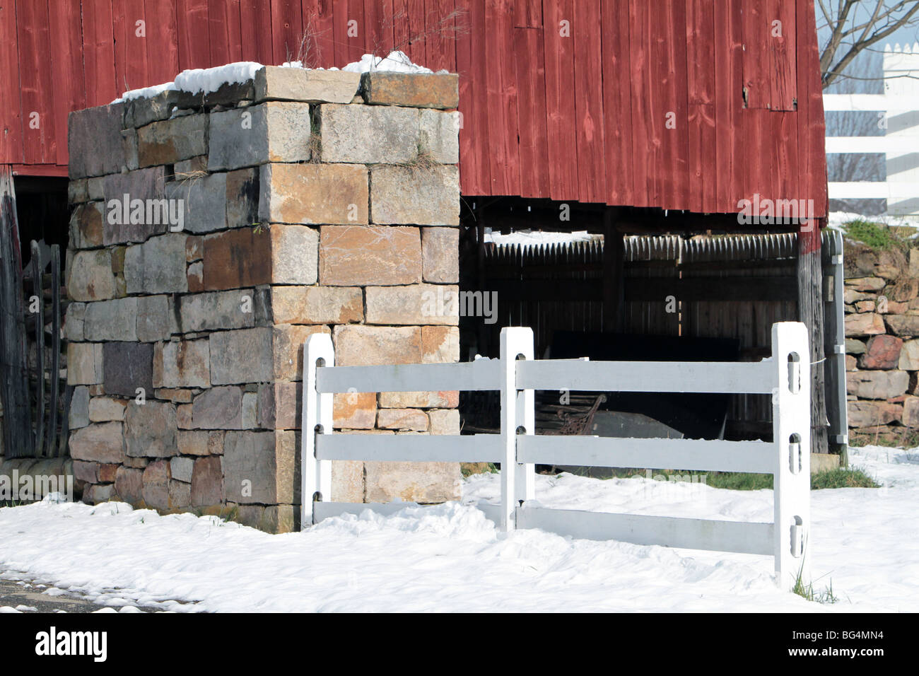 A old historic vintage red barn with a stone wall Stock Photo - Alamy