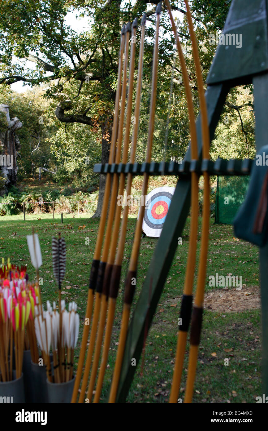 Sherwood Forest. Archery target viewed through a rack of longbows Stock ...