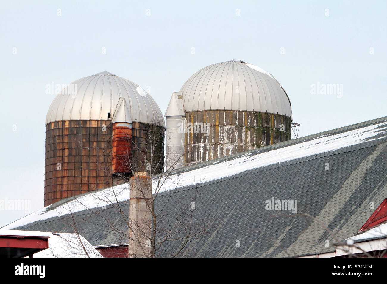 Two silos over the roof of a barn. The silos are well weathered Stock ...