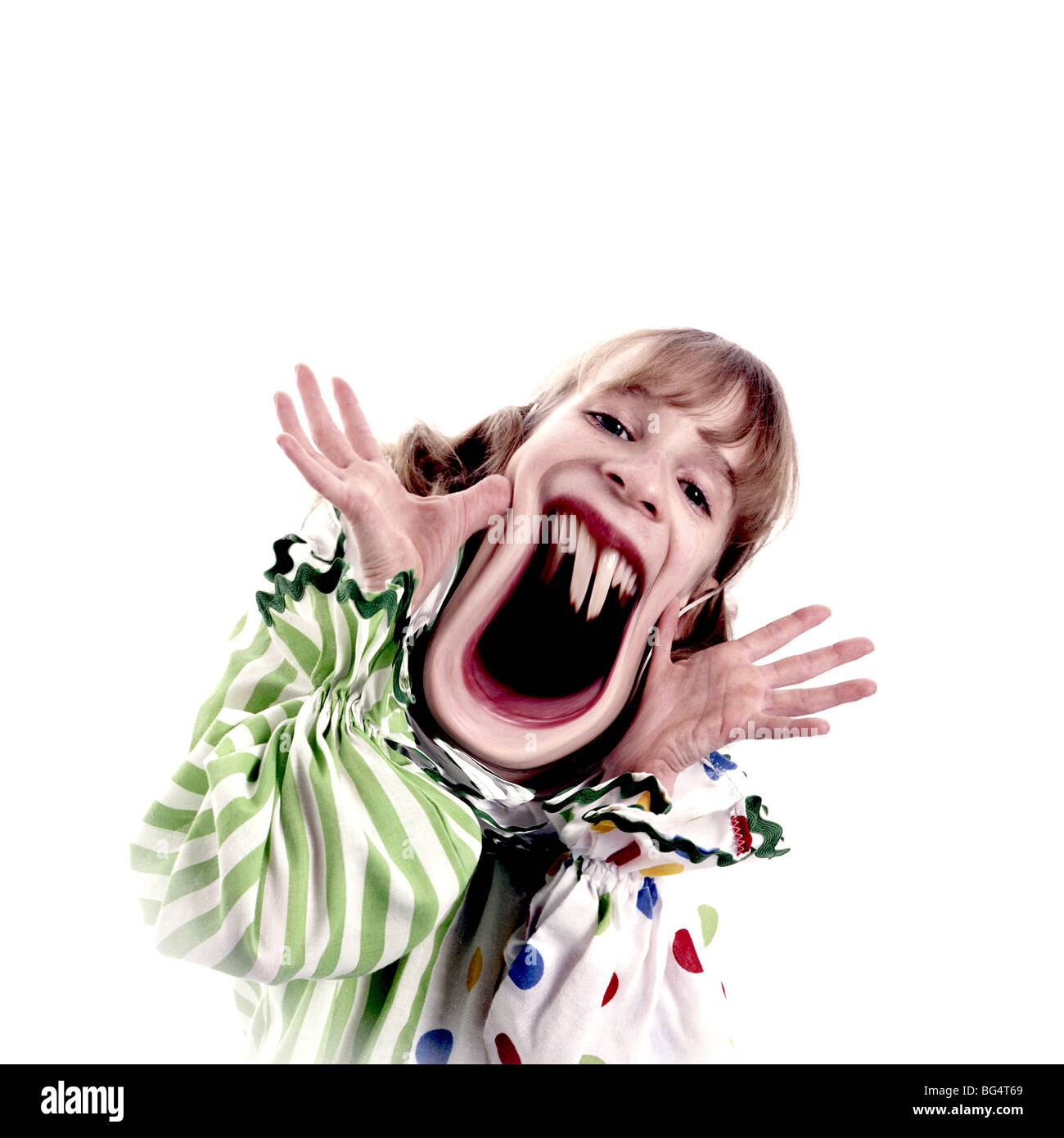 Distorted view of a young girl dressed up as a clown for Halloween ...