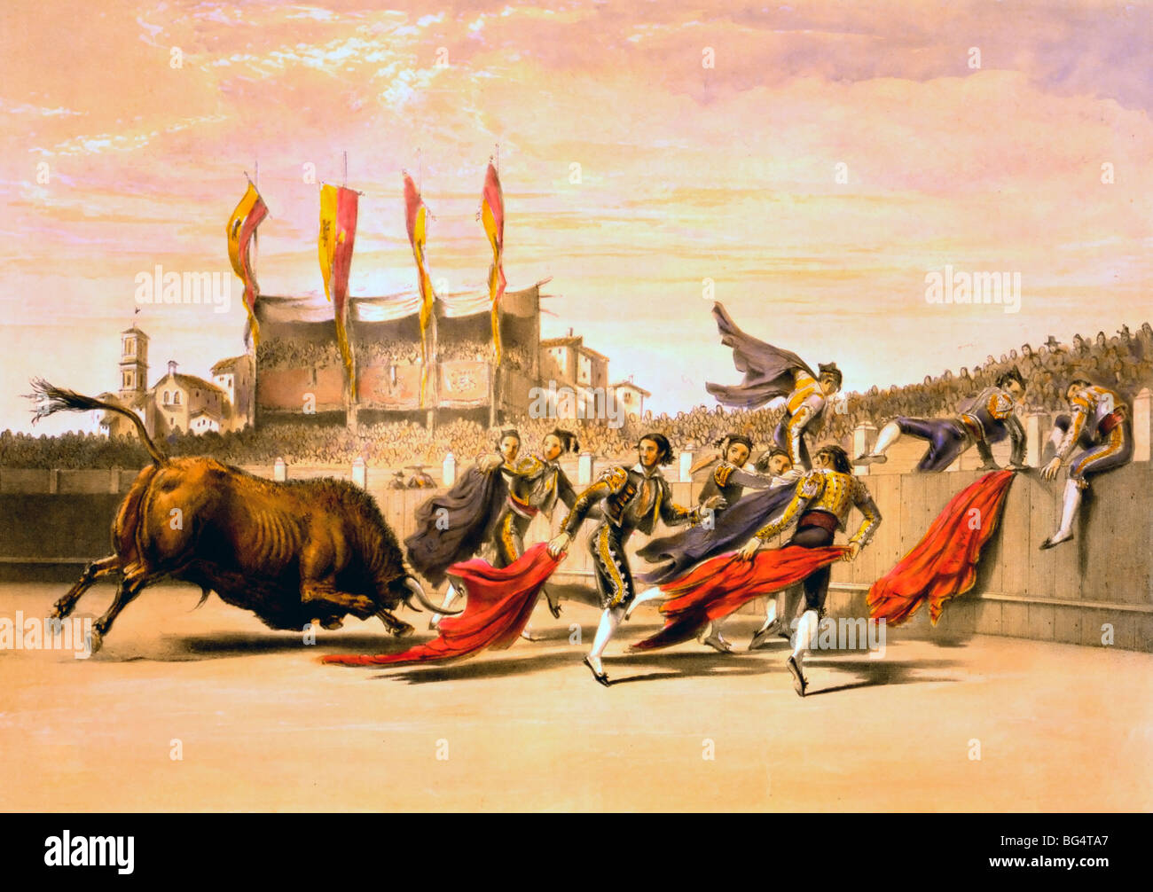 Chulos playing the bull - Men luring bull away from matador, Spain 1870 ...