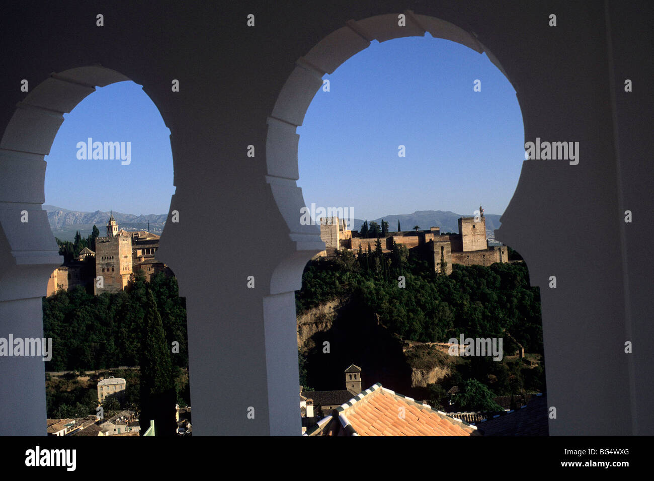 Spain. Granada. The Alhambra seen from Minaret of the new mosque ...