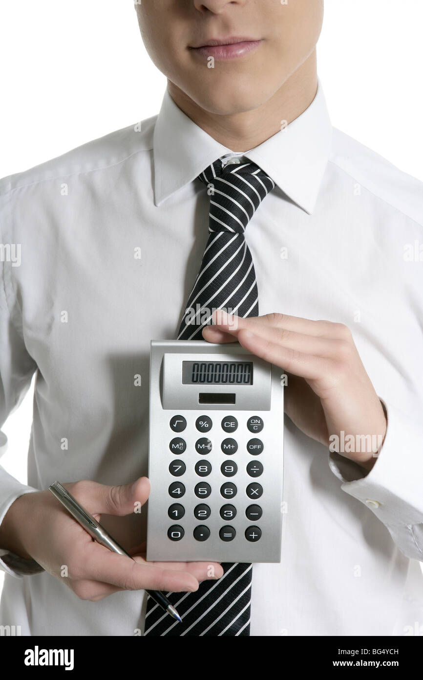 Businessman with calculator showing reports isolated on white Stock ...