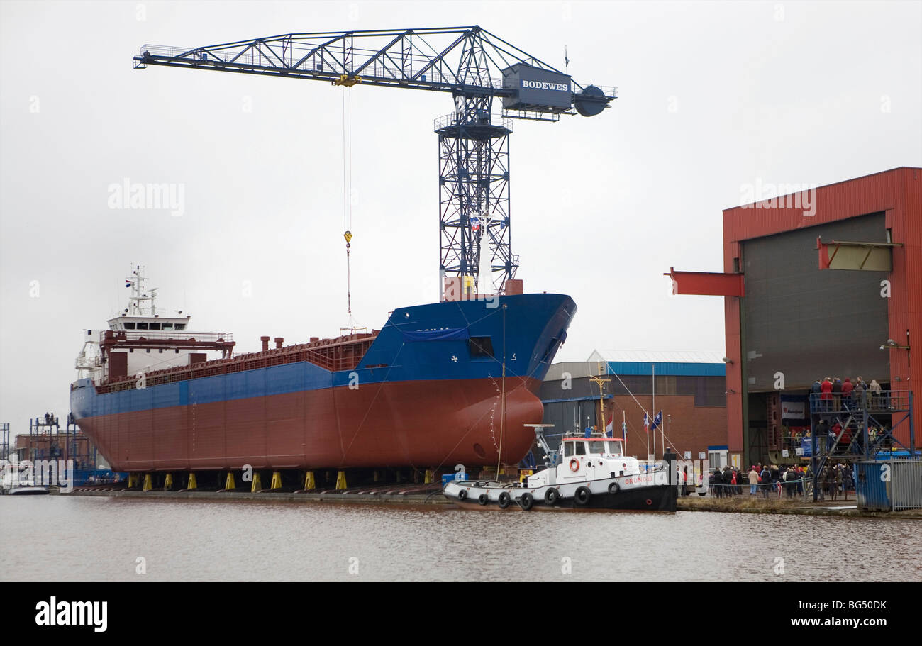 Construction of a ship is completed at a shipyard, Groningen, the ...