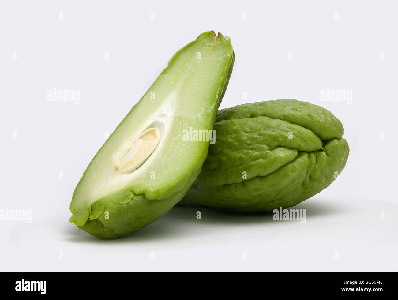 Close-up studio picture of the tropical fruit of chayote. Brazil Stock ...