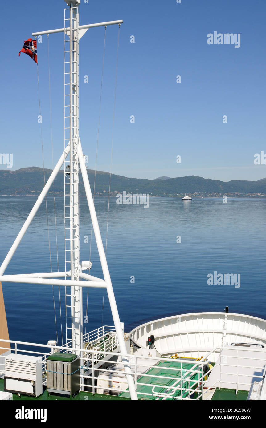 Detail of a Norwegian Ferry with mast and flag, blue sky in backround ...
