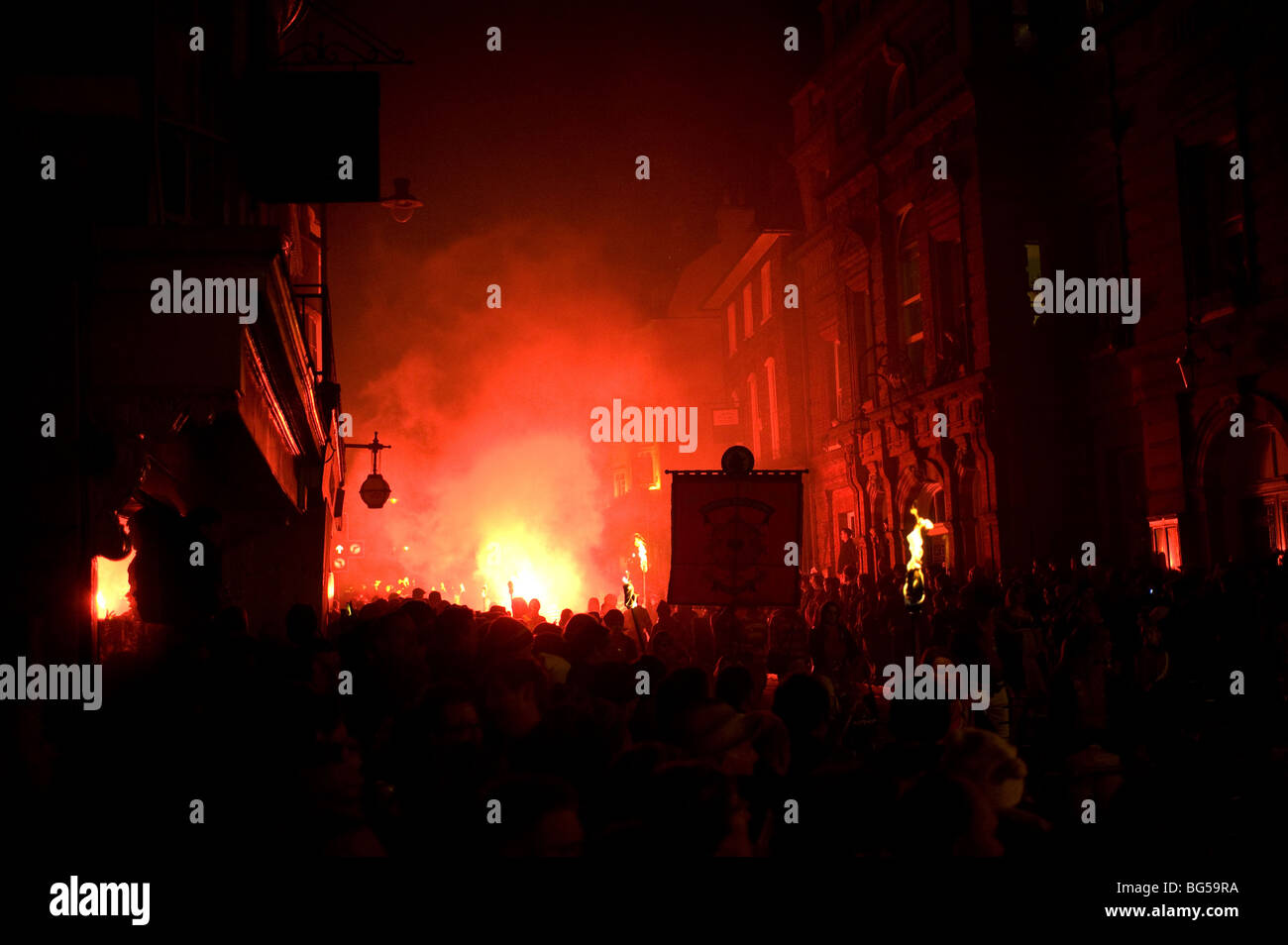 Lewes bonfire celebrations. A torchlight procession through the streets ...