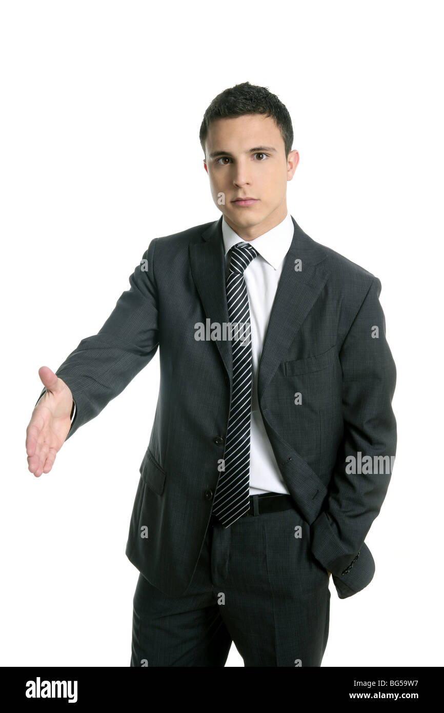 Businessman giving hand facing to camera, isolated on white Stock Photo ...
