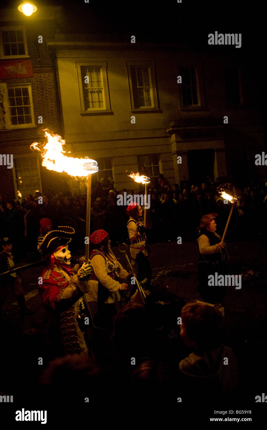 Lewes bonfire celebrations. A torchlight procession through the streets ...