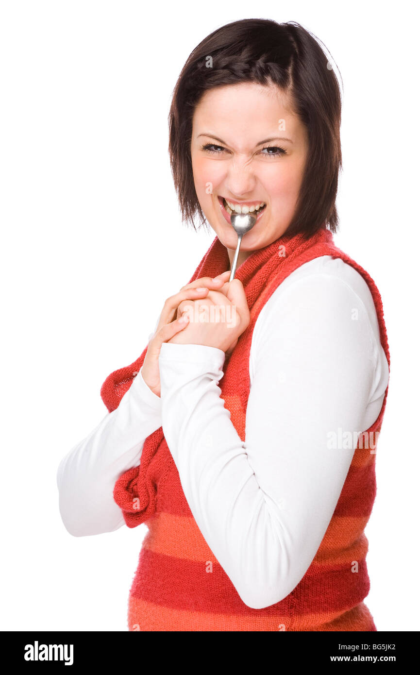 Full isolated portrait of a beautiful caucasian woman with a spoon ...
