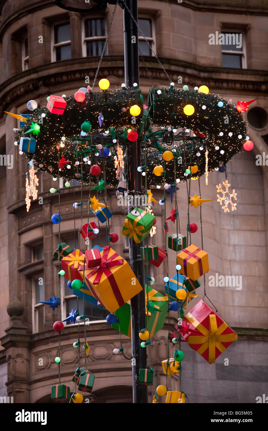 UK, England, Manchester, Princess Street, gift themed decorations on ...