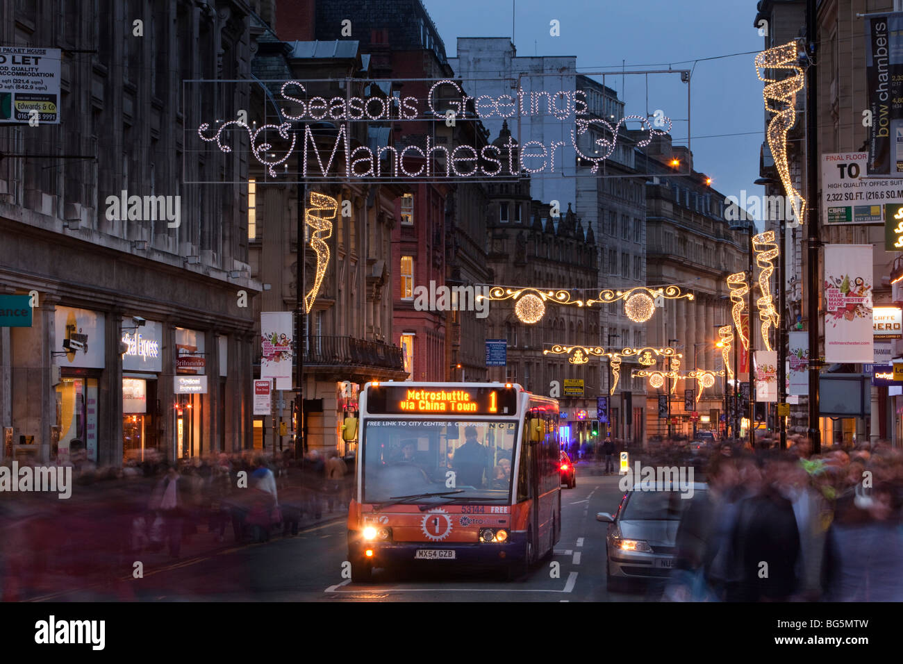 UK, England, Manchester, Cross Street, Metroshuttle free city centre ...