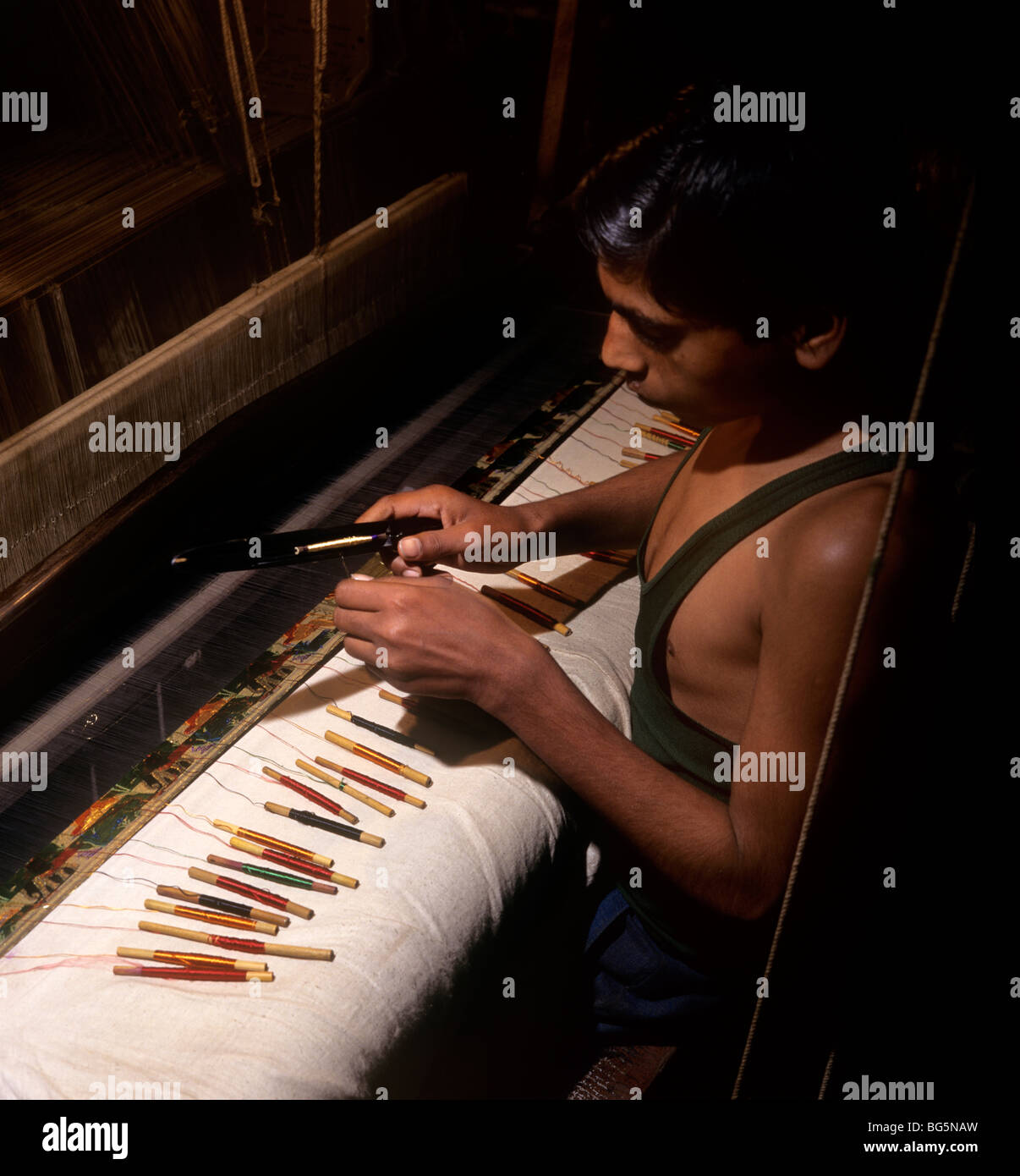 India, Crafts, Varanasi, textile workshop, craftsman hand weaving silk ...