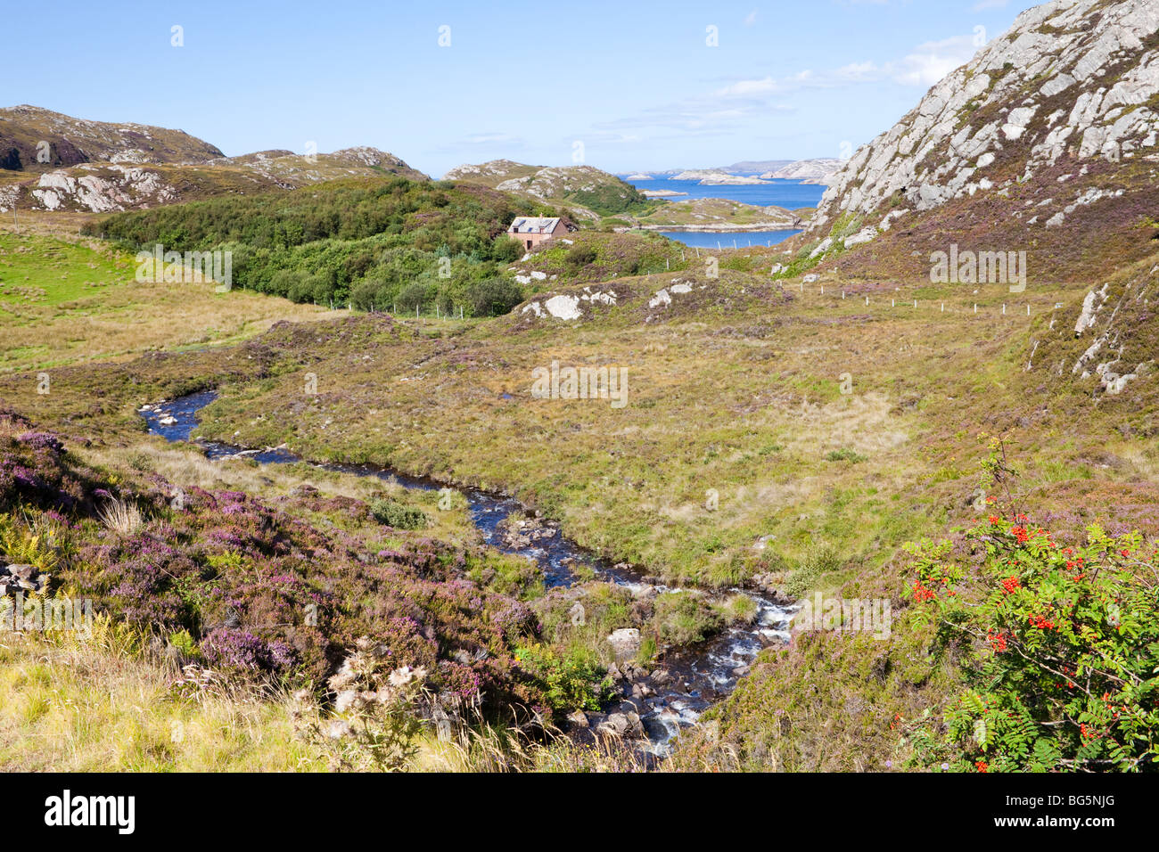 A stream flowing down into Loch Laxford at Fanagmore, Highland ...