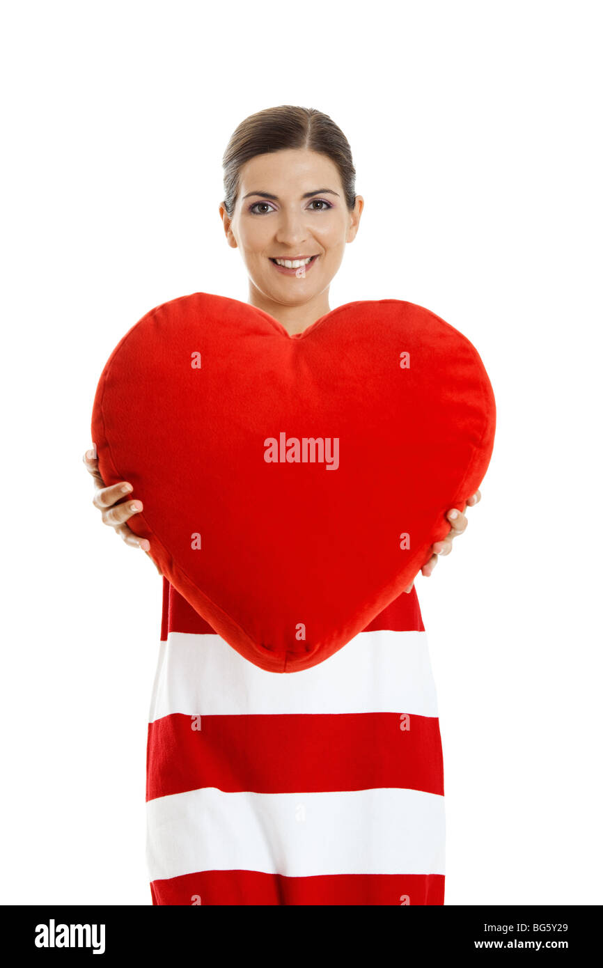 Beautiful woman holding a red heart, isolated on white background Stock ...