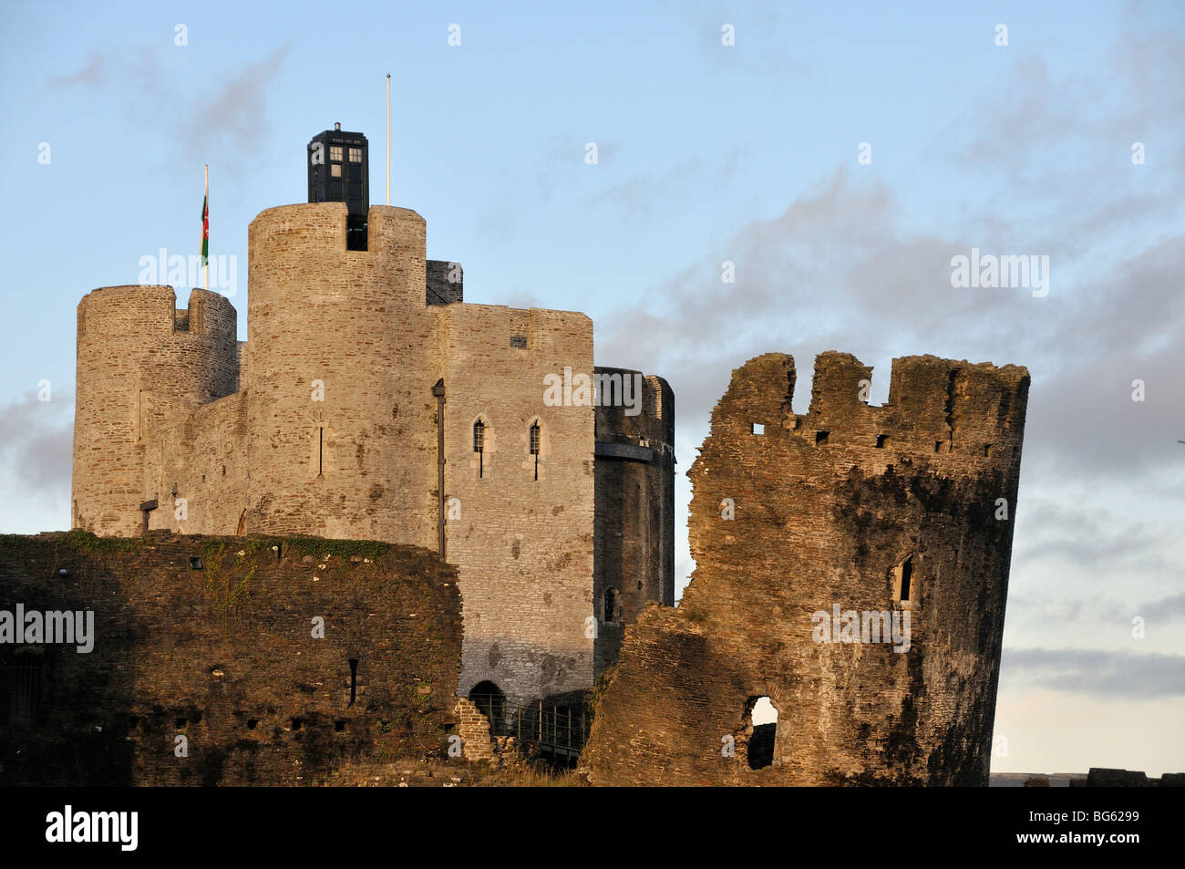 Doctor Who's Tardis on top of Caerphilly Castle Stock Photo - Alamy