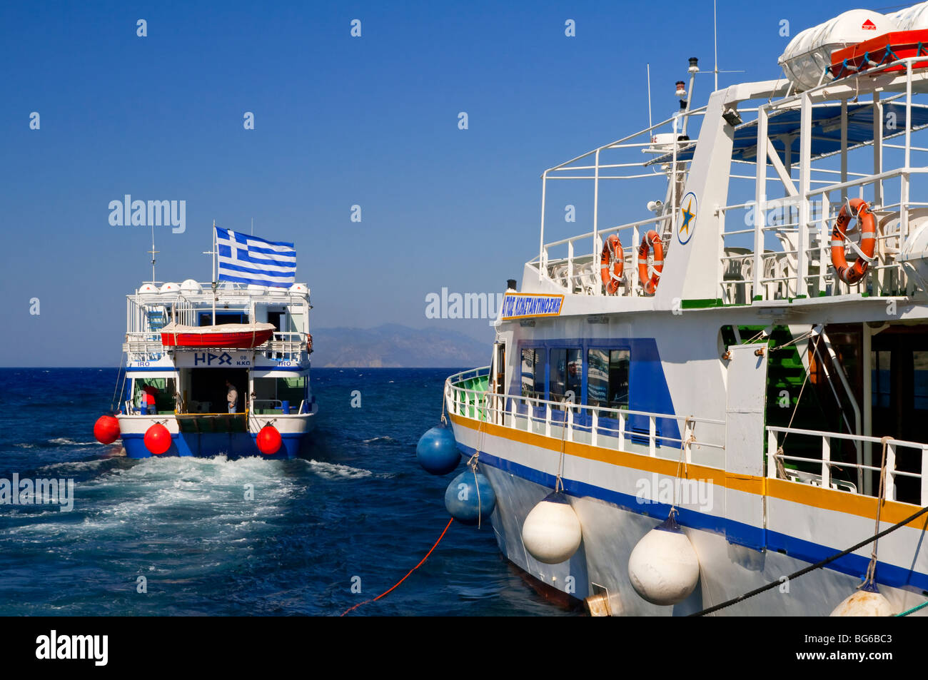 Greek ferries used for island hopping in the Aegean Sea photographed at ...