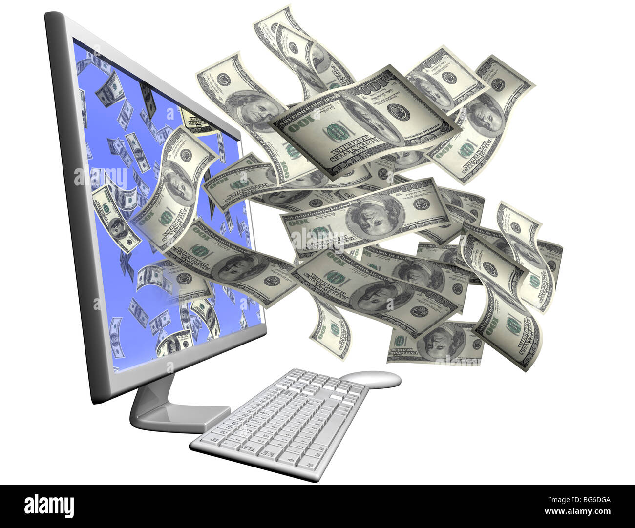 Isolated desktop computer throwing out hundred dollar bills through the ...