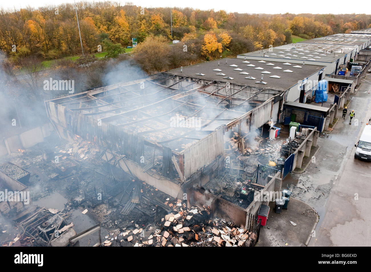 Aeriel view of industrial warehouse on fire Stock Photo - Alamy